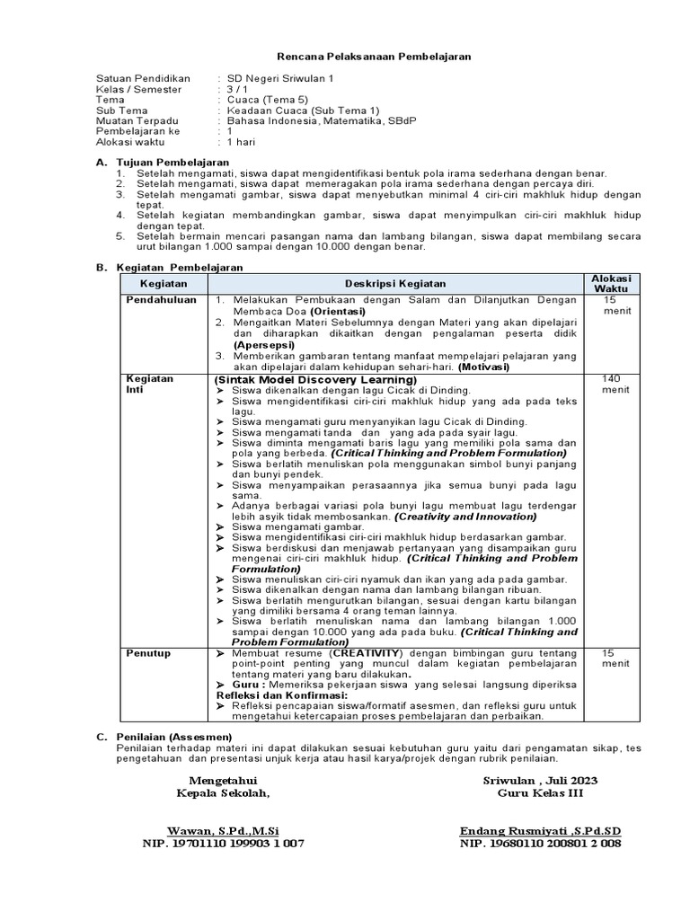 RPP Kelas 3 T5 ST 1 Pembelajaran 1 K13 Rev 2020 | PDF