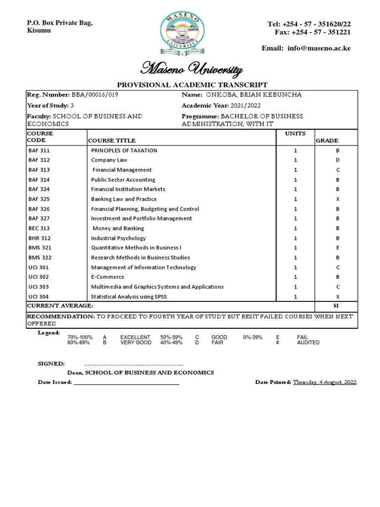 Maseno University Provisional Transcript | PDF | Economies | Business
