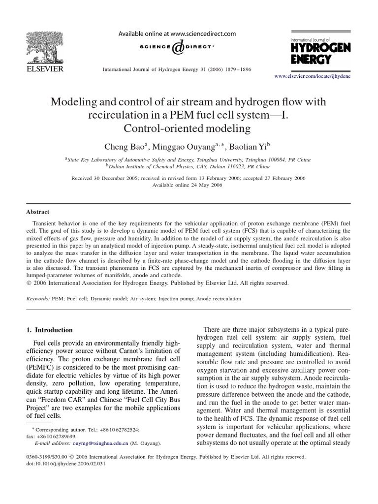 Modeling and Control of Air Stream and Hydrogen Ow With Recirculation in A PEM Fuel Cell System ...