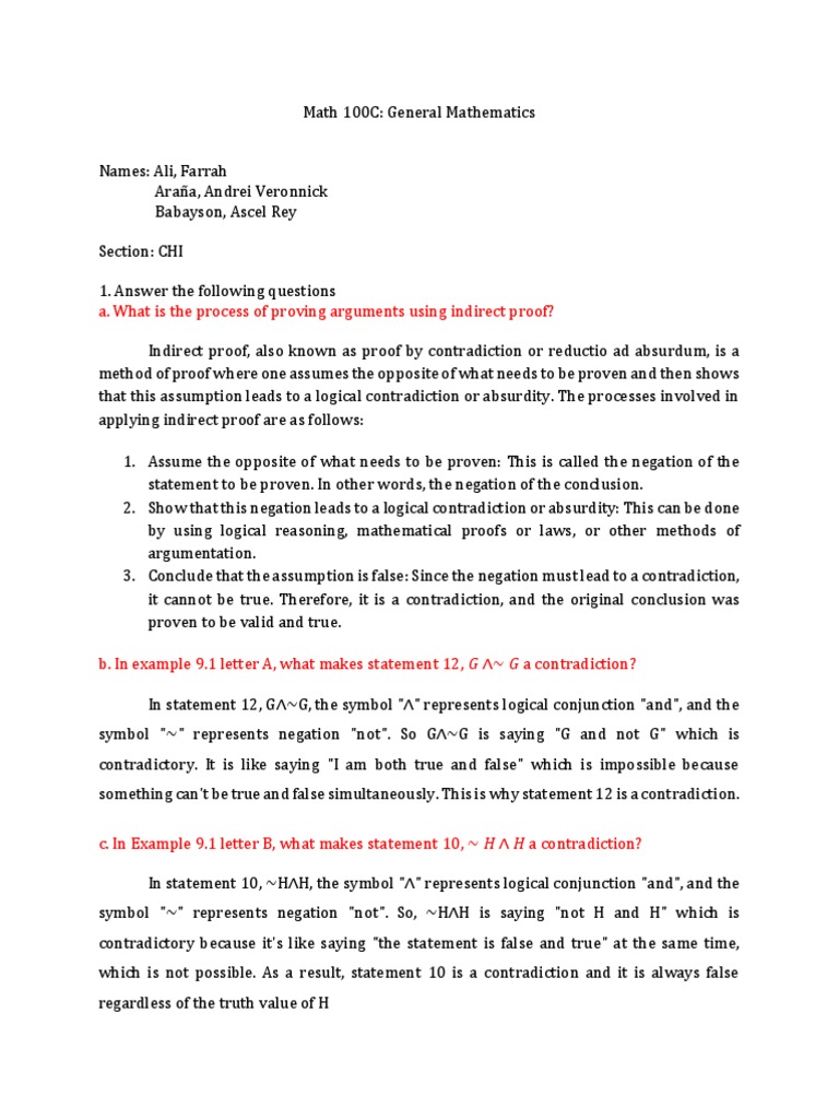Group 1 - Indirect Proof Activity | PDF | Contradiction | Logical ...