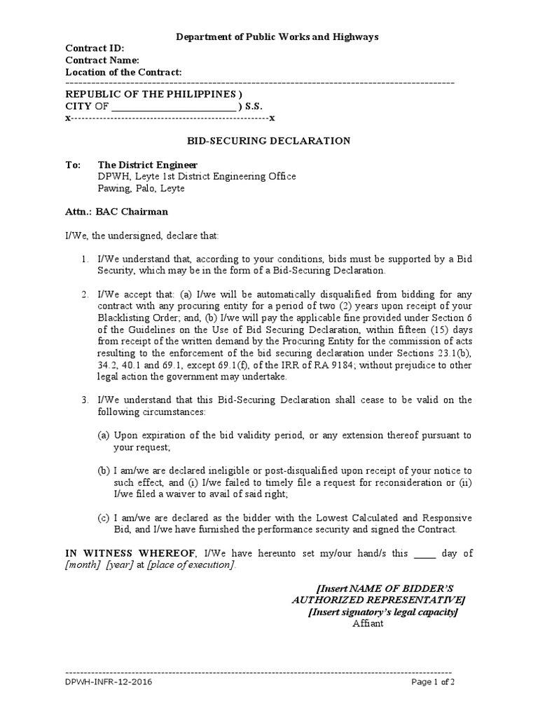 DPWH-InFR-12 Bid Securing Declaration | PDF | Affidavit | Signature
