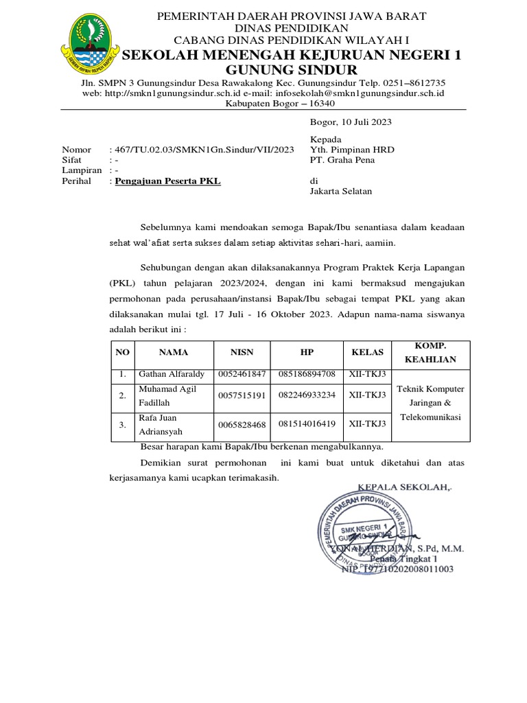 Format Surat PKL Jurusan TKJ SMKN1GS-PT. Graha Pena Jaksel | PDF