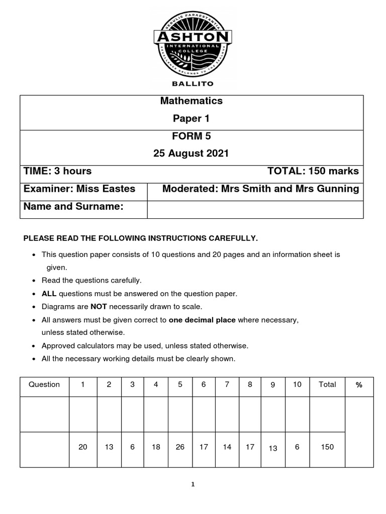 Trials Examination 2021mathematics Paper 1 | PDF