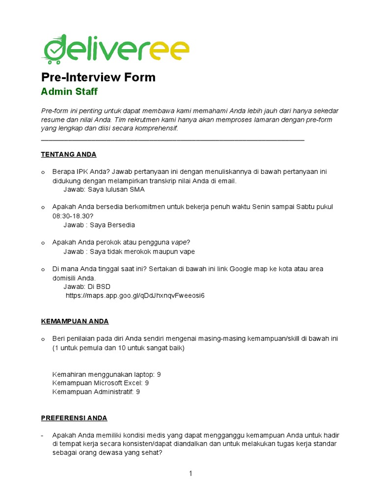 Pre Interview Form - Admin Staff Head Office | PDF