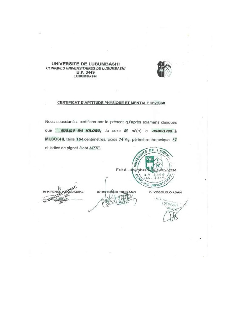 Certificat D'aptitude Physique Malilo | PDF