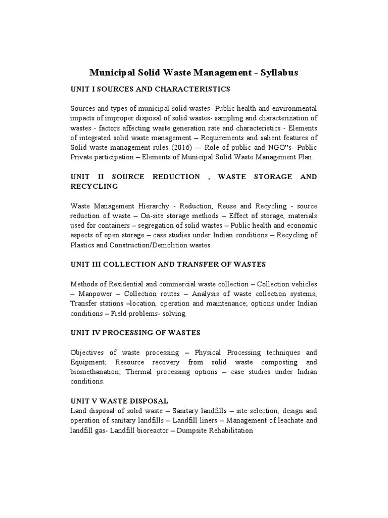 Municipal Solid Waste Management Syllabus | PDF