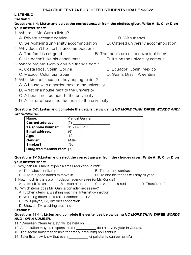 Practice Test 74 For Gifted Students Grade 9a PDF