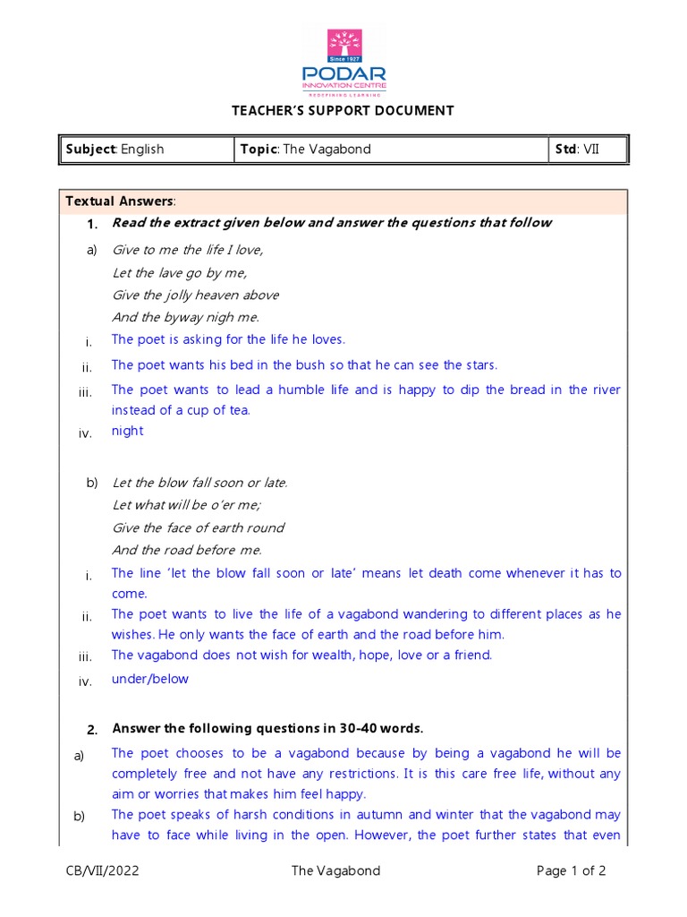 Notes On Vagabond Poem Gr.7 | PDF