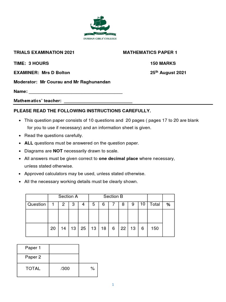 Trials Examination 2021mathematics Paper 1 | PDF | Asymptote | Mathematics