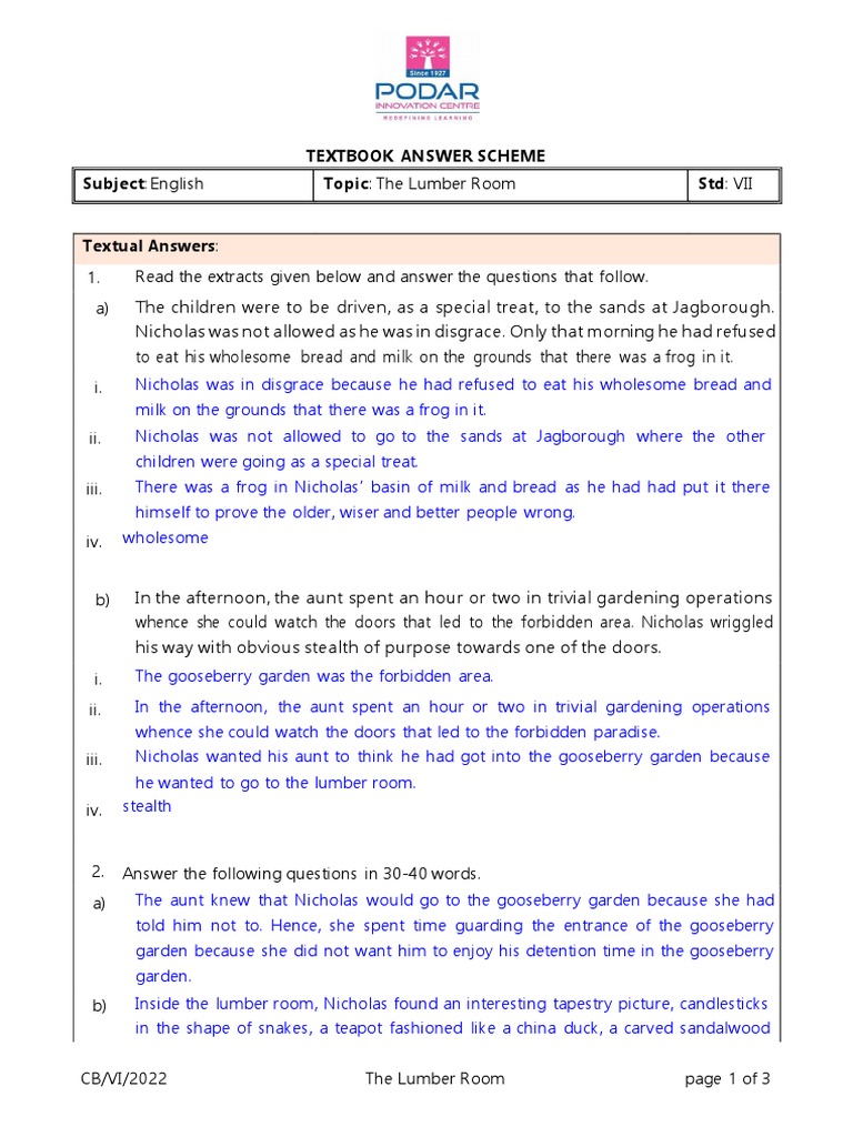 The Lumber Room: Class 7 Q&A Guide | PDF | Young Adult