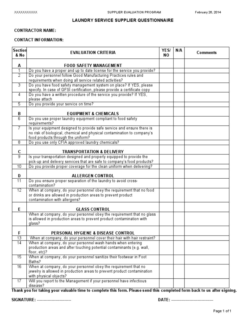 Laundry Service Supplier Evaluation Form | PDF | Food Safety | Hygiene