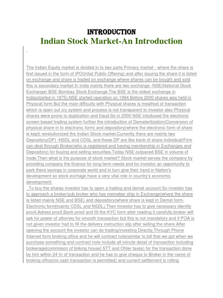 Indian Stock Market-An Introduction | PDF | Stocks | Financial Markets