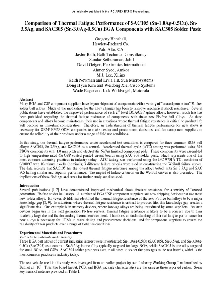 SAC105 vs SAC305 Thermal Fatigue Study | PDF | Computers | Technology ...