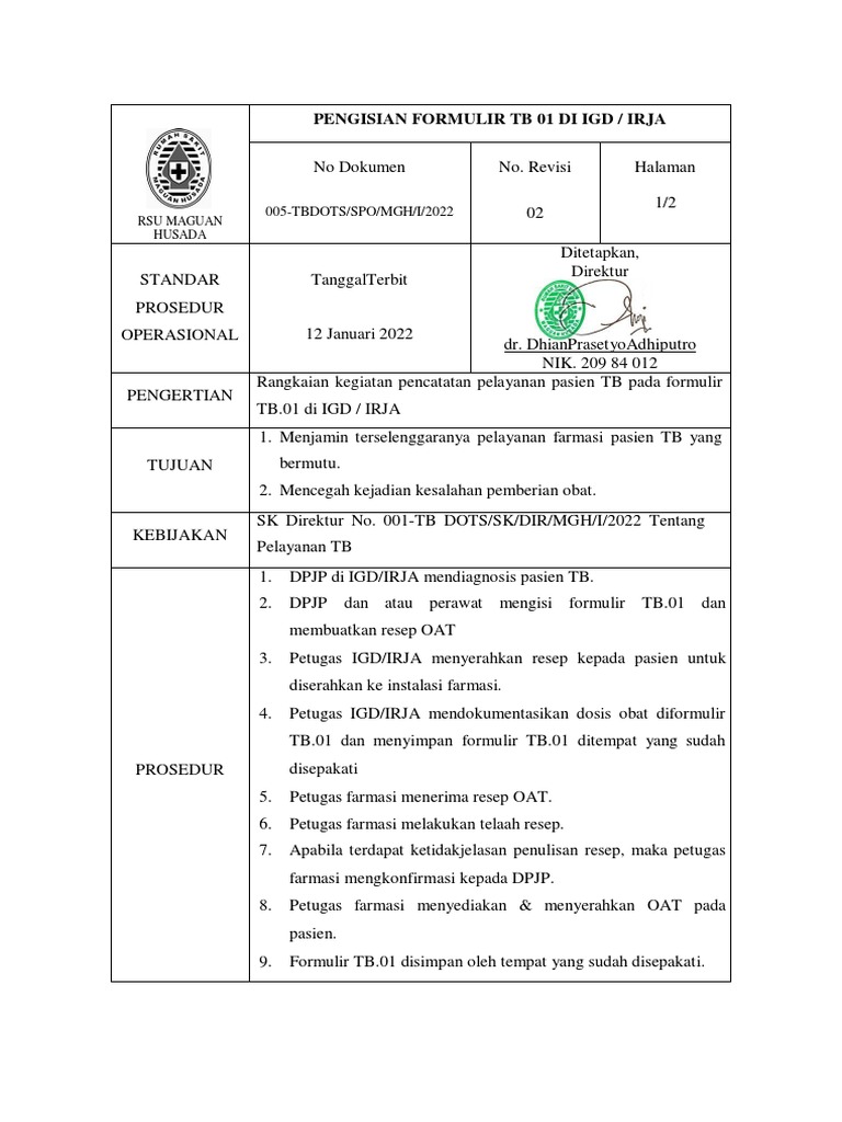Pengisian Formulir TB 01 Di Igd Irja | PDF