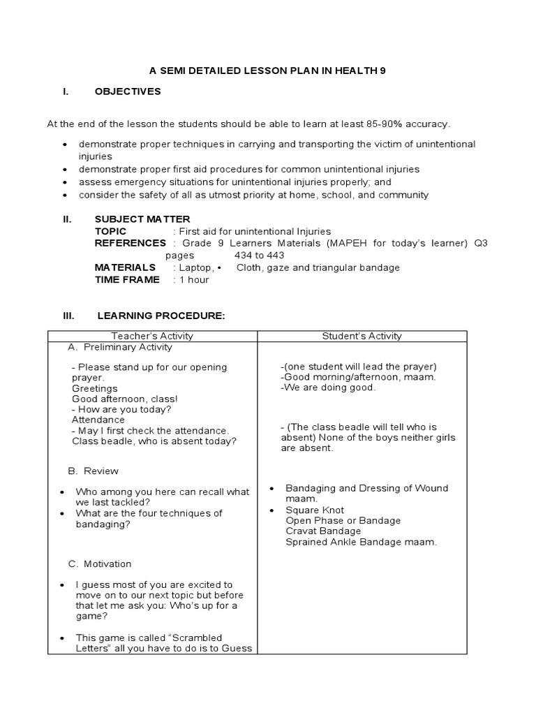 Grade 9 Health Lesson 3 LP | PDF | Injury | Clinical Medicine