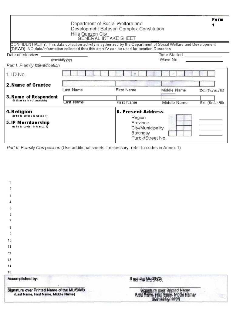 DSWD General Intake Sheet | PDF