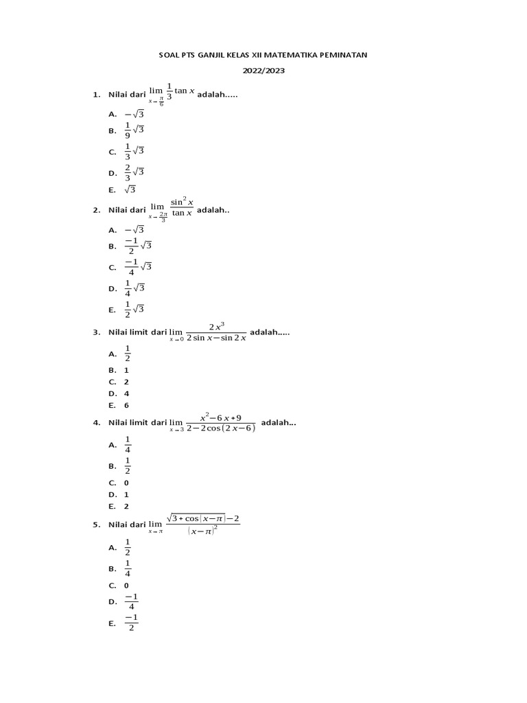 Soal Pts Ganjil Kelas Xii Matematika Peminatan | PDF