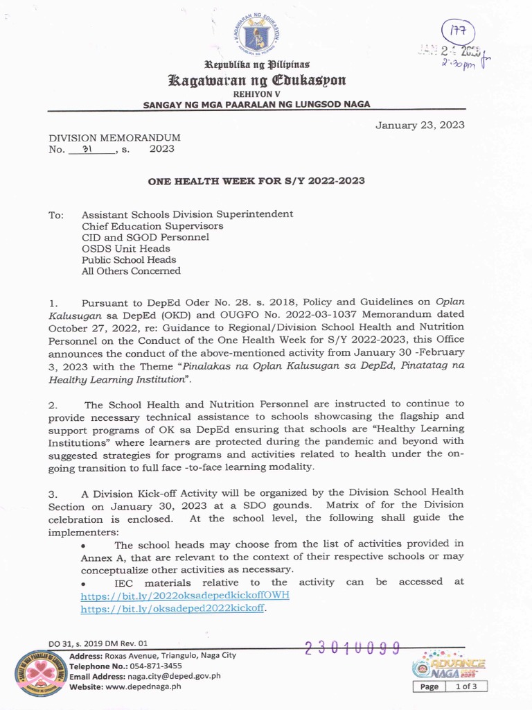 DM No. 31, S. 2023 One Health Week For SY 2022-2023 | PDF