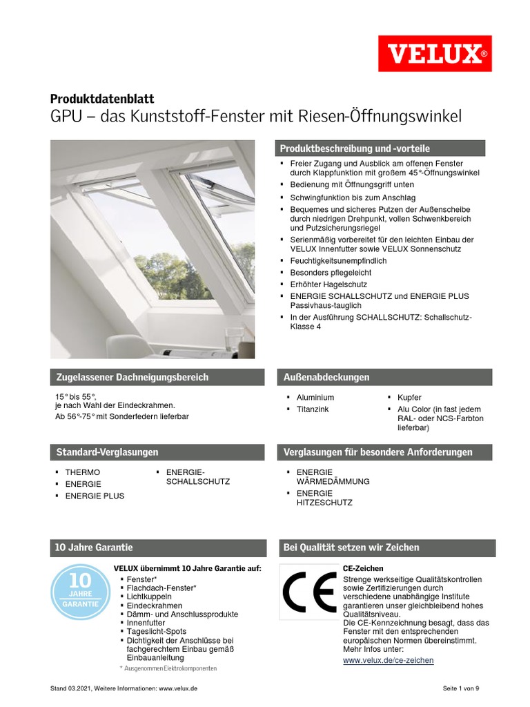 Velux Produktdatenblatt Klappschwingfenster Gpu | PDF