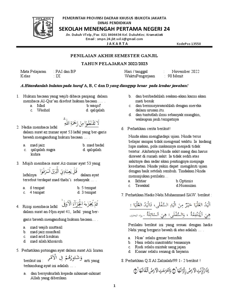 Soal Pai Kelas Ix Pas Ganjil 2022-2023 | PDF