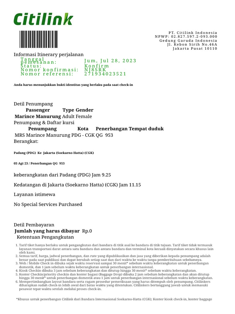 Mrs. Marince Manurung - PDG-CGK 3 AGUSTUS - CITILINK | PDF