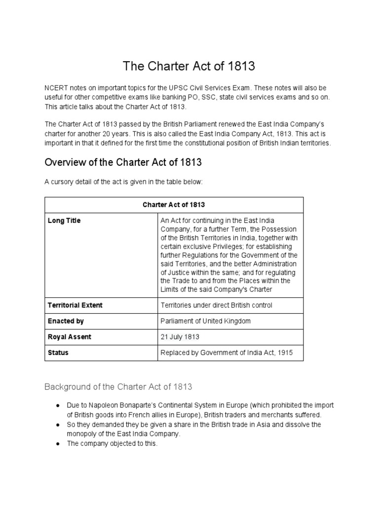 The Charter Act of 1813 | PDF