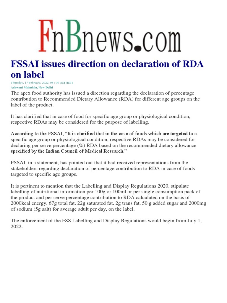 FSSAI NEws RDA 17 02 2022 | PDF