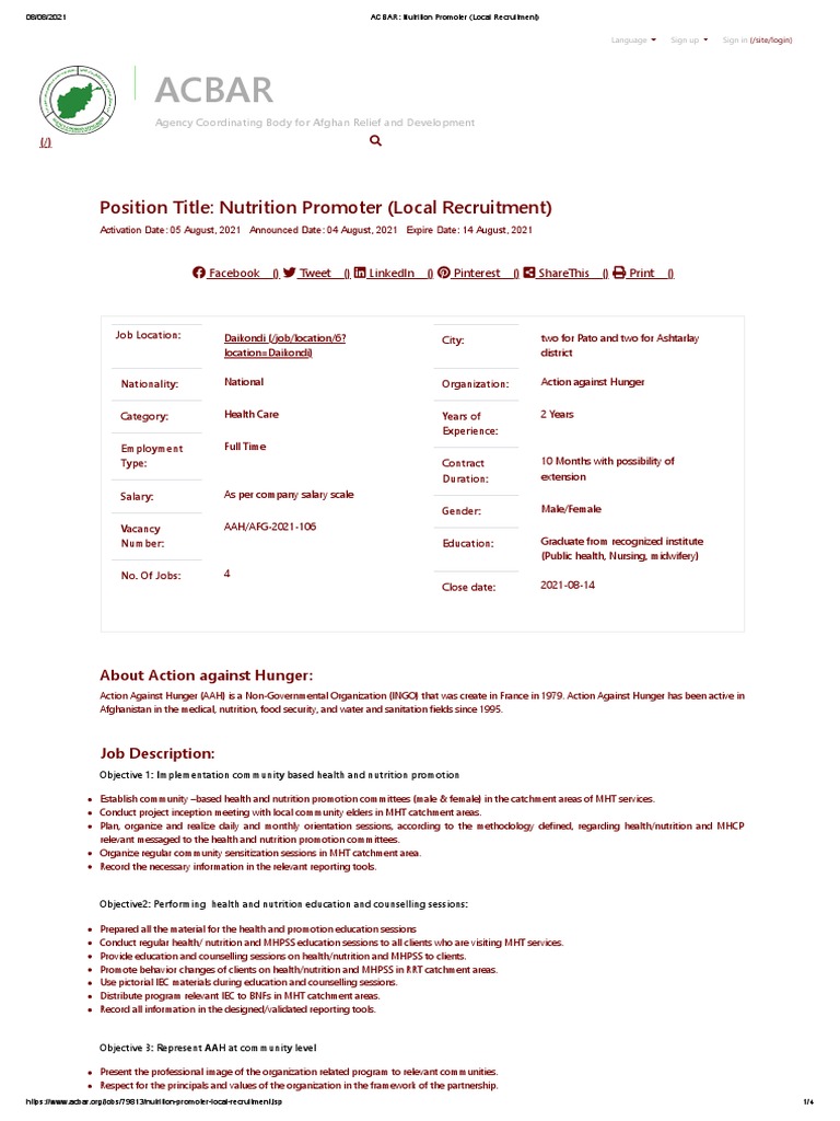ACBAR - Nutrition Promoter (Local Recruitment) | PDF | Recruitment | Nursing