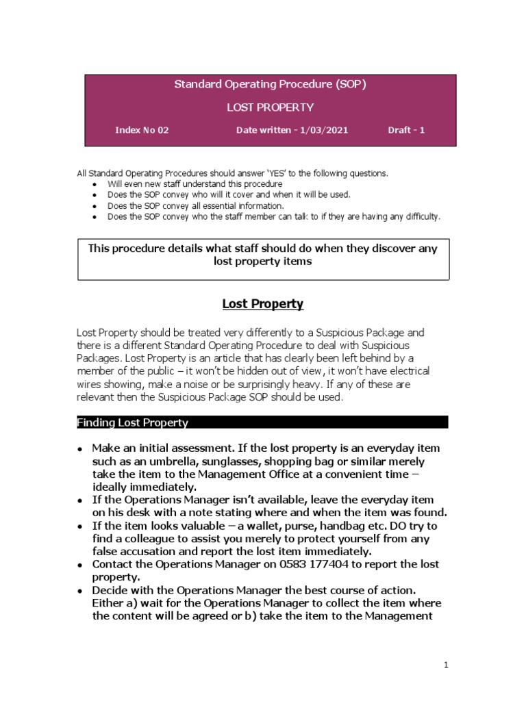 SOP - Lost Property | PDF | Finance & Money Management