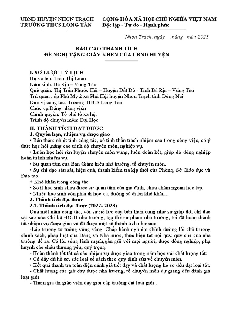 MAU BCTT CA NHAN giấy khen Huyện | PDF