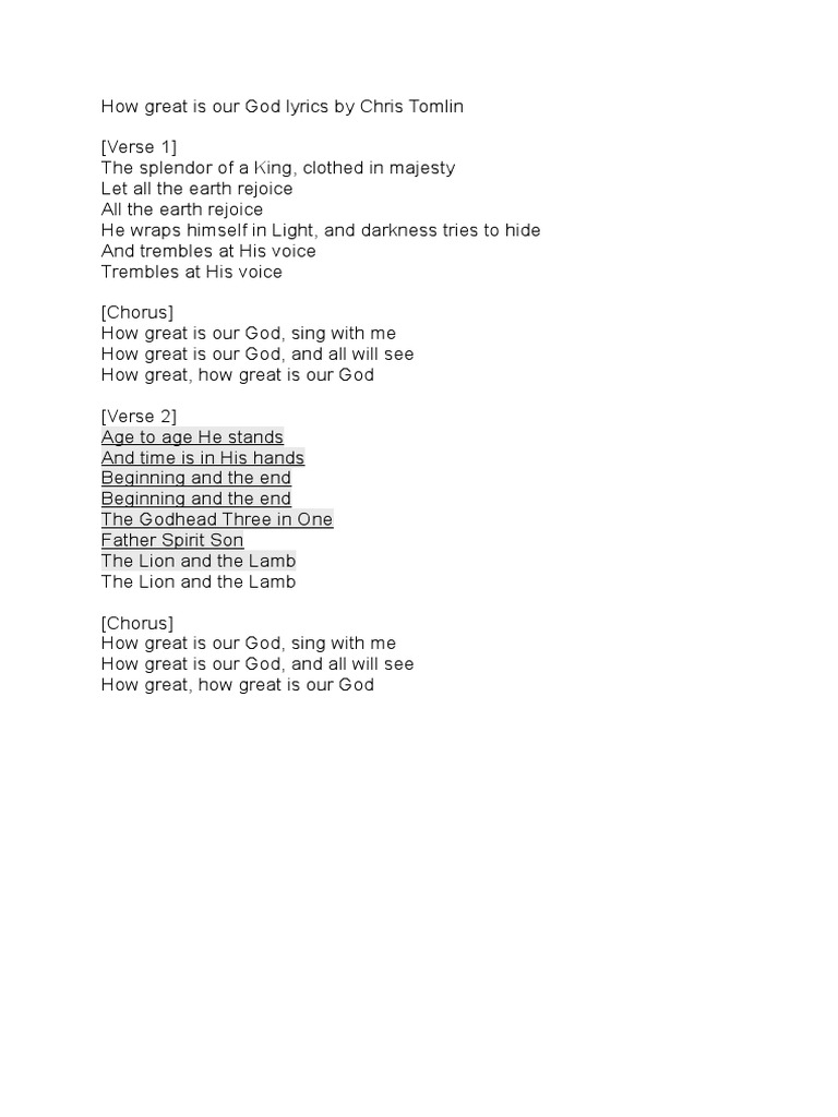 How Great Is Our God Lyrics by Chris Tomlin | PDF