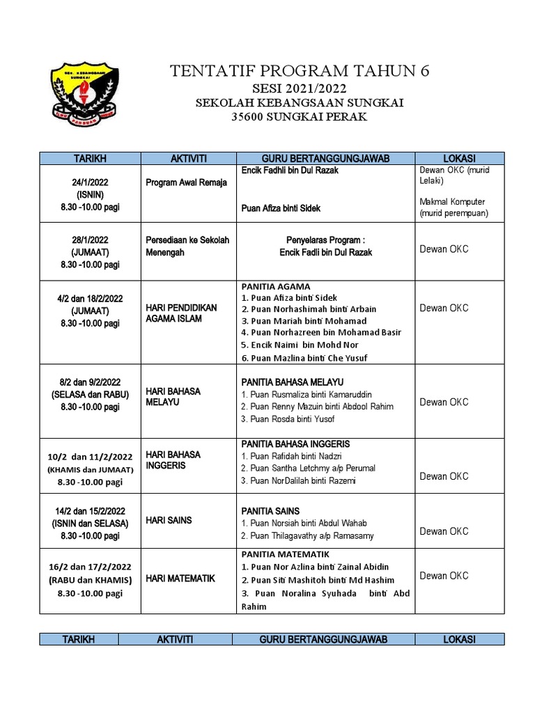 Tentatif Program Thn 6 Sesi 2021 - Copy | PDF