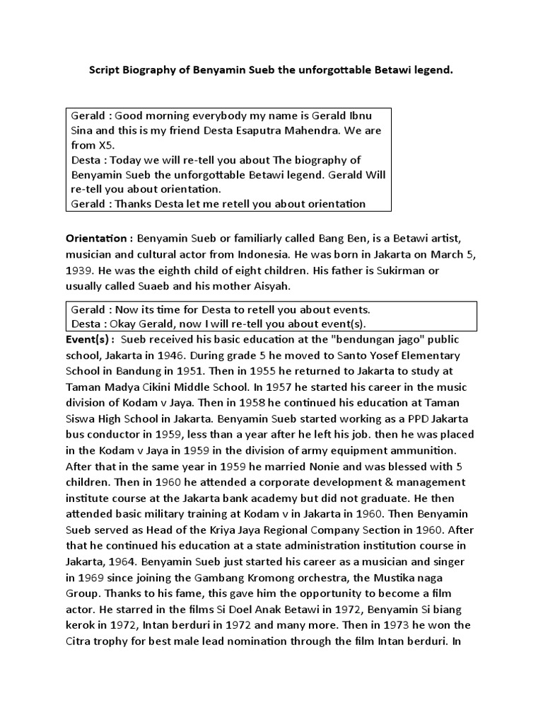 Script Biography of Benyamin Sueb The Unforgottable Betawi Legend | PDF ...