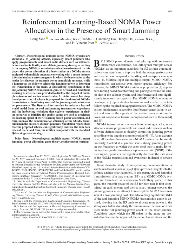 Reinforcement Learning-Based NOMA Power Allocation in The Presence of Smart Jamming | PDF ...