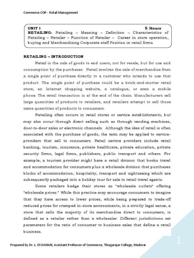 Retail Management Unit 1 Study Material | PDF | Retail | Product (Business)