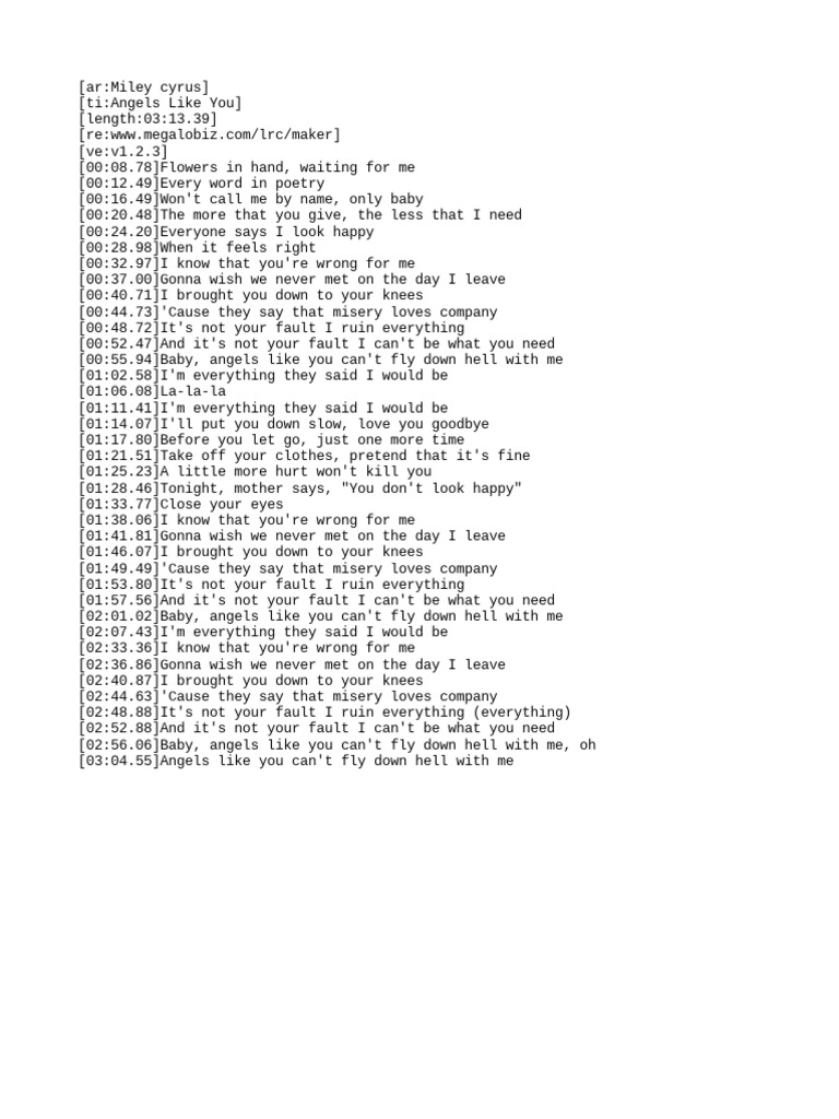 Miley Cyrus - Angels Like You (Lyrics) (128k) | PDF
