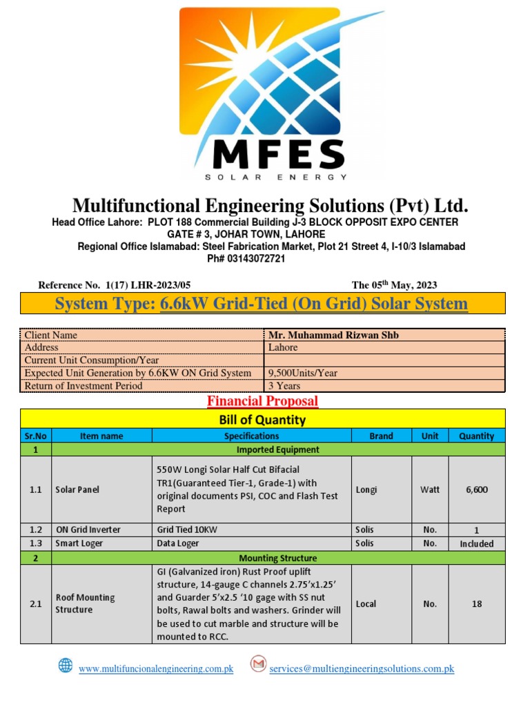 MFES 07KW ON Grid Solar System with Uplift Structure (2) | PDF