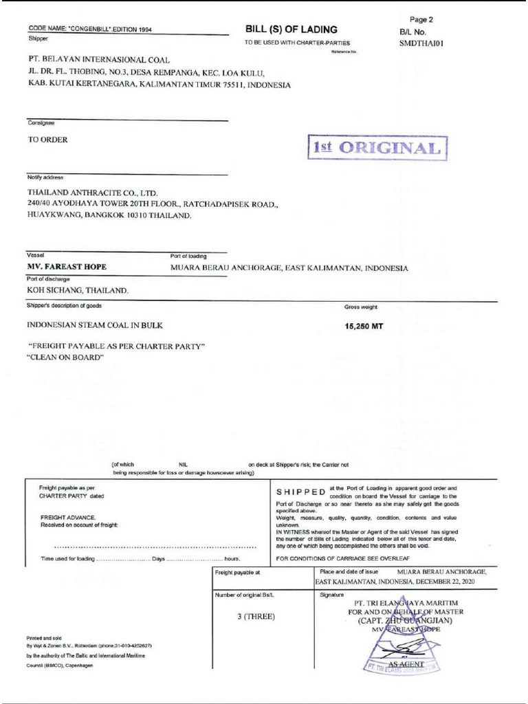 BL & CM Mv. Fareast Hope | PDF