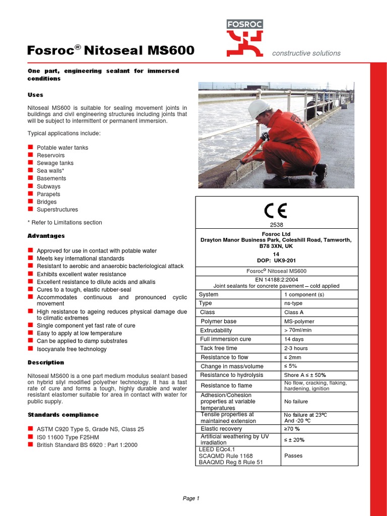 TDS NITOSEAL MS600 Saudi Arabia2 | PDF | Concrete | Water