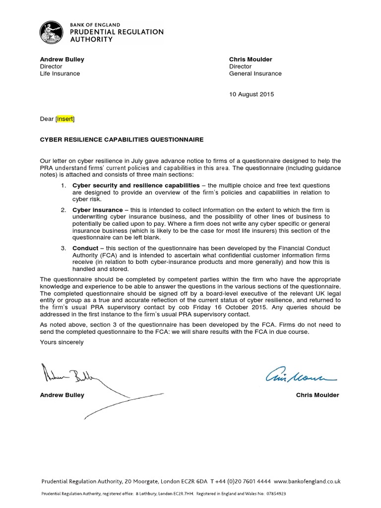 Cyber Resilience Questionnaire For Insurers | PDF | Insurance ...
