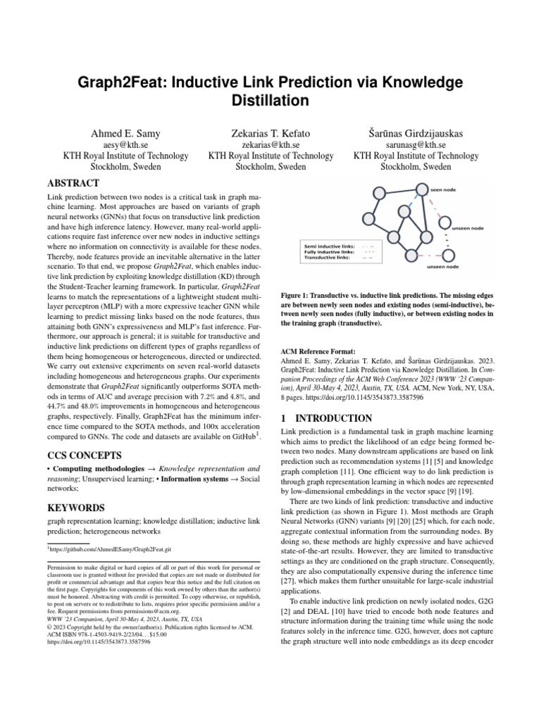 Graph2Feat Inductive Link Prediction Via Knowledge Distillation | PDF