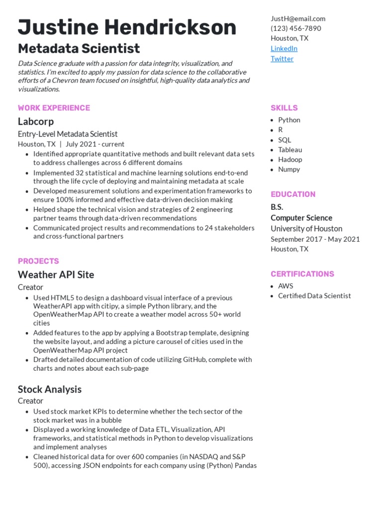Metadata Scientist Resume Example | PDF
