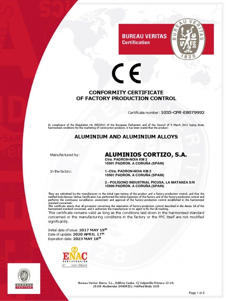 Conformity Certificate of Factory Production Control: Aluminios Cortizo ...