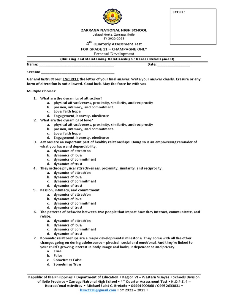 2022-2023 4th Quarter Exam in PerDev | PDF | Love | Adolescence
