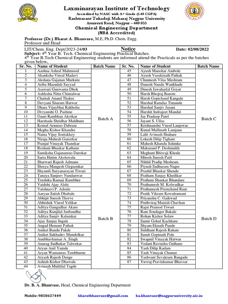 4th Year Chem Engg Practical Batches | PDF