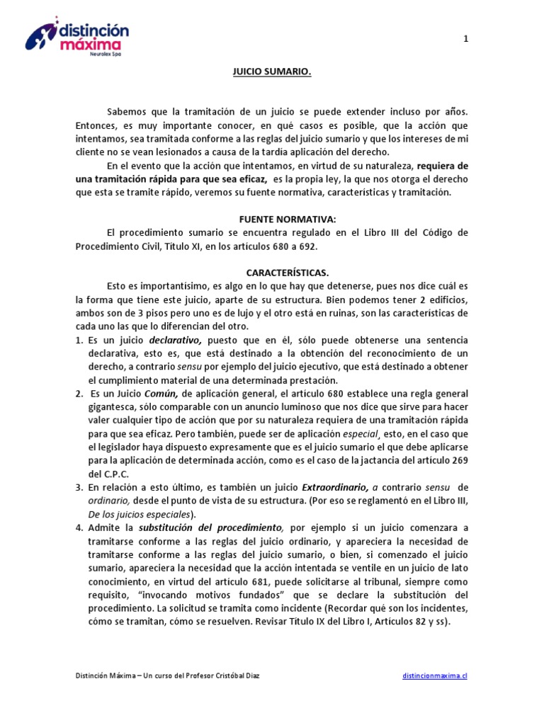 Juicio Sumario: Características y Tramitación | PDF | Derecho