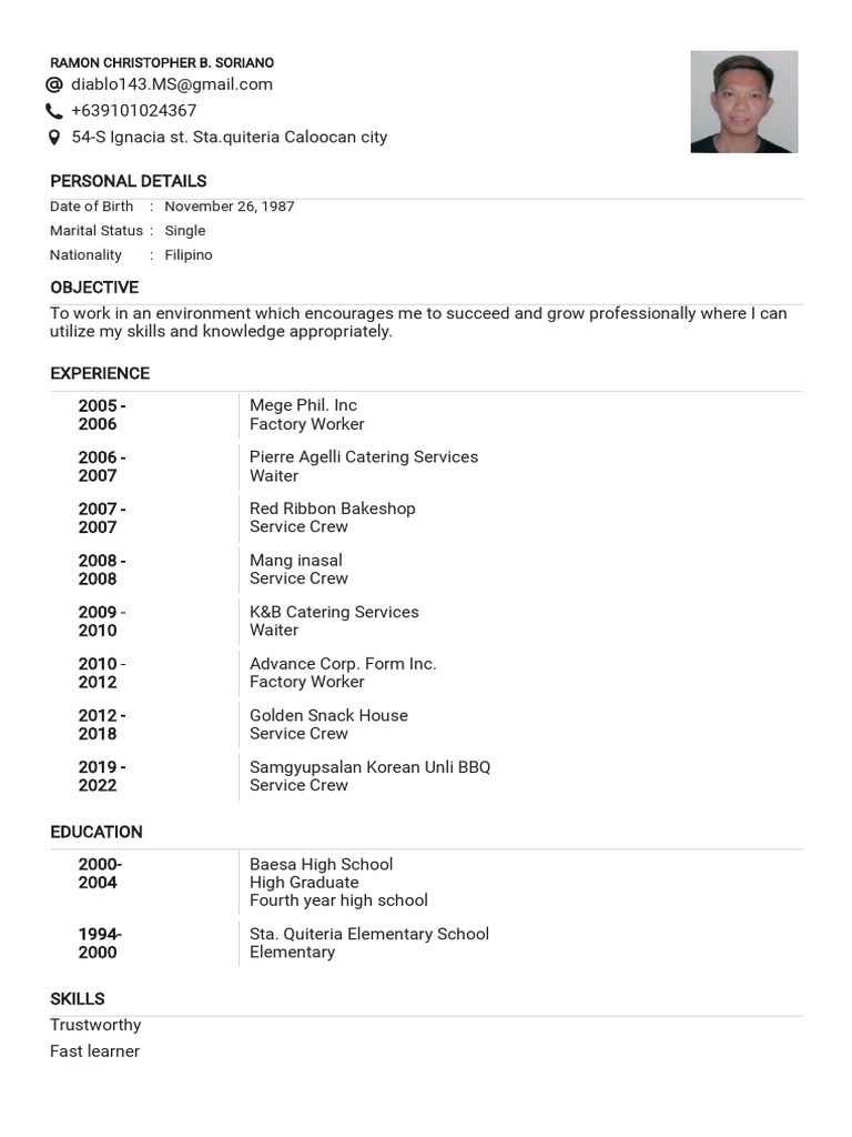 Ramon Soriano's Work Experience Resume | PDF