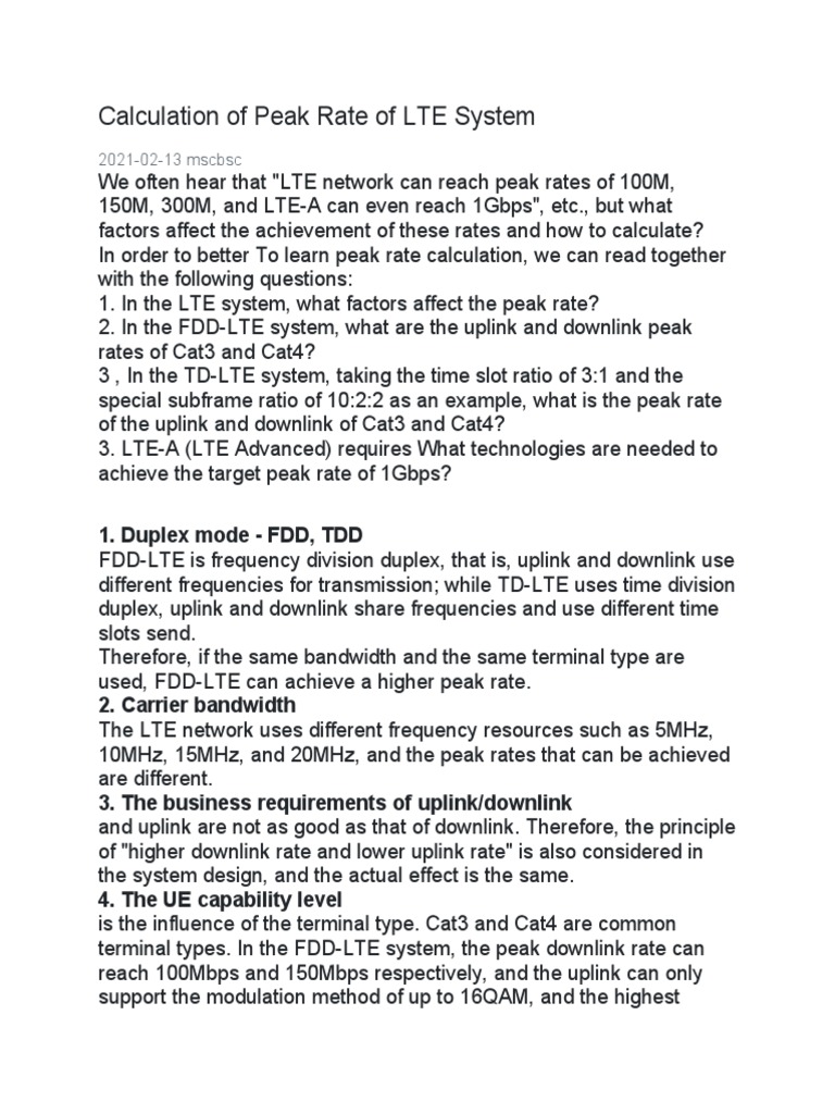 LTE System Peak Rate Calculation | PDF | Duplex (Telecommunications ...