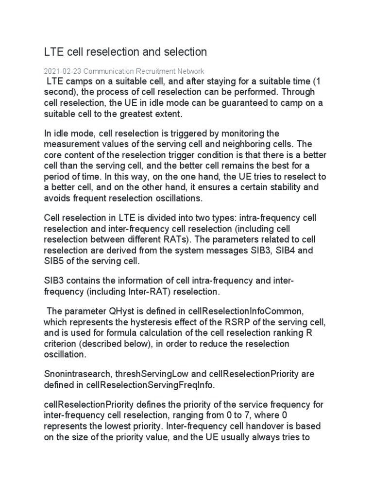 LTE cell reselection and selection | PDF