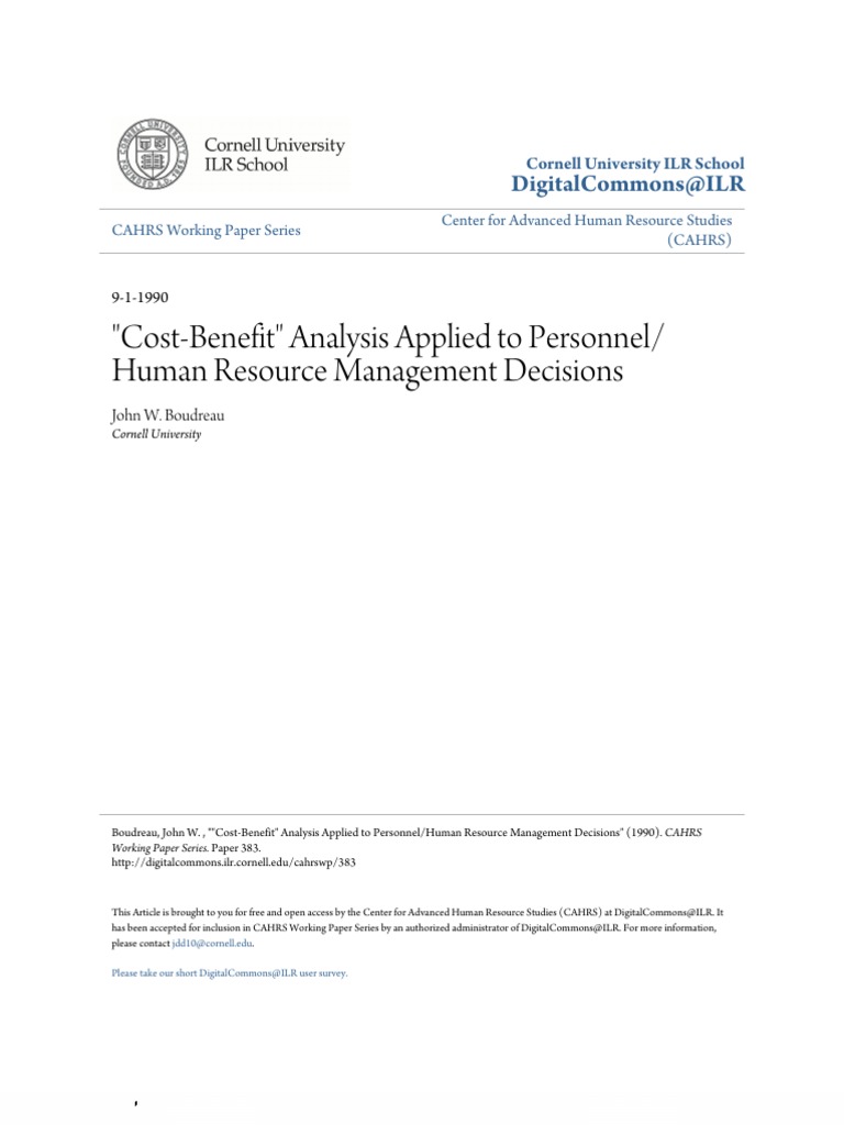 "Cost-Benefit" Analysis Applied To Personnel/ Human Resource Management ...